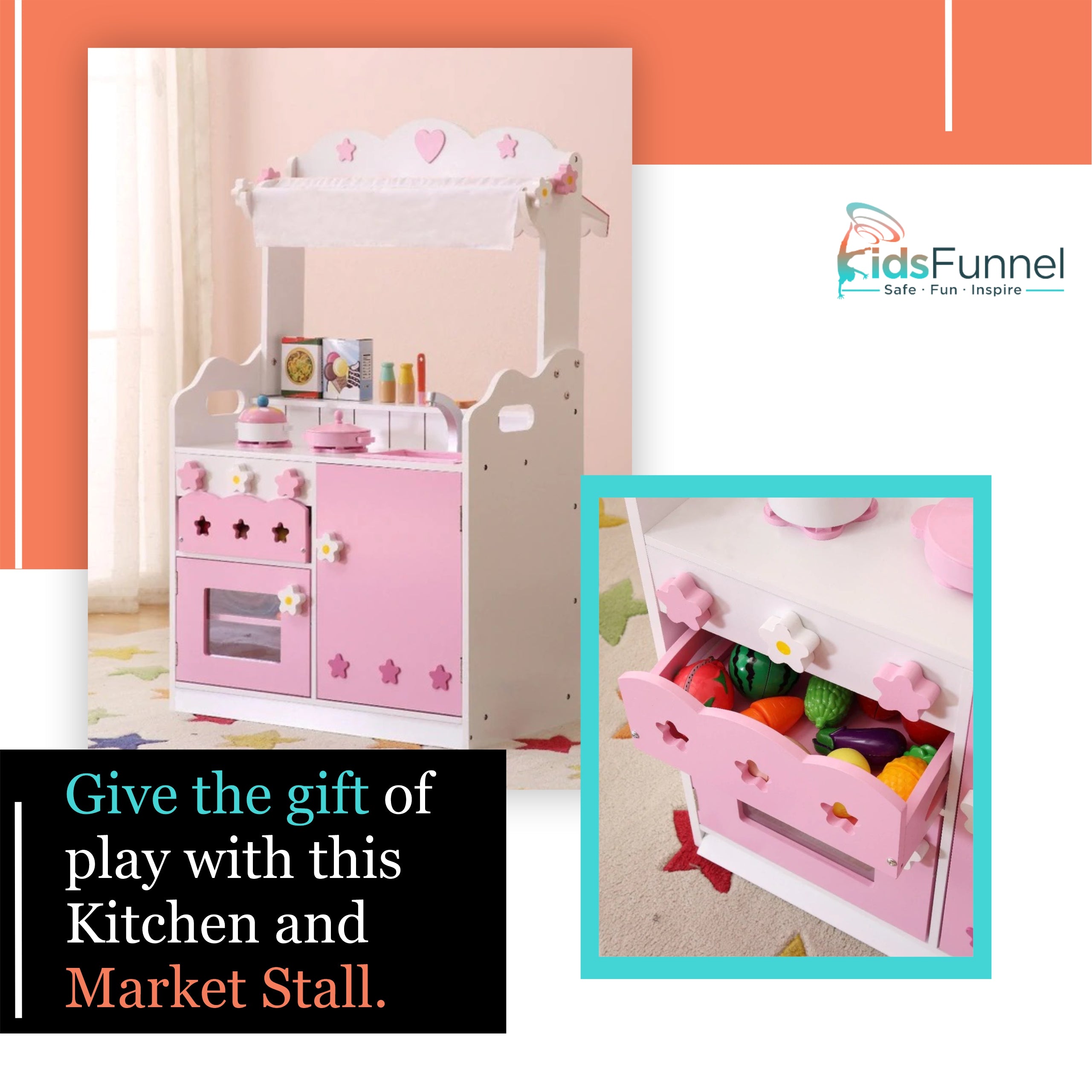 Kids Funnel 2 In 1 Pink Pretend Kitchen and Market Stall - Kids Funnel